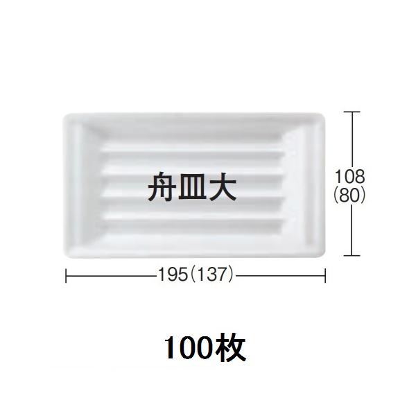 トレー　VK-22　舟皿　大カラー：白サイズ：外寸/195×108×17mm　底寸/137×80mm1枚重量：2.9g材質：PSP耐熱温度：85℃（電子レンジ不可）入数：100枚※こちらの商品は他の商品（同梱不可商品除く）と同梱可能です