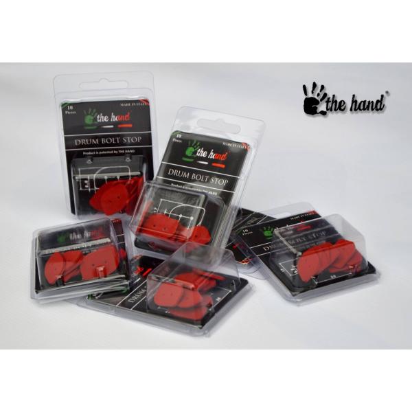 イタリアの楽器アクセサリーメーカー、ザ　ハンド社のDrum Bolt Stop(ドラムボルトストップ)収縮性のあるゴムによるテンションボルトの緩みを防止するアイテムです。取り付けも簡単で効果もあり大変便利です。1パック10枚入り