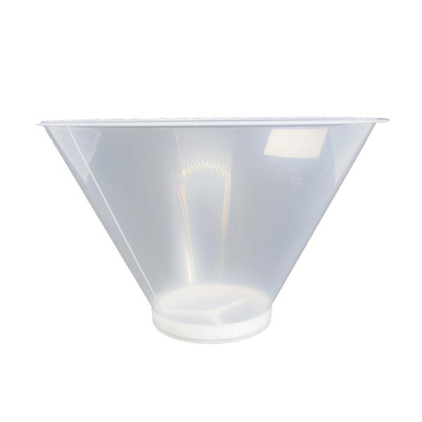 ●特長、用途：濾過時間が早く塗料が残らない、再使用が可能。●材質：ポリプロリレン（本体）、ポリエステル（フィルター）●直径約128ミリ、高さ約83ミリ、フィルター部分約50ミリ●リング色：白