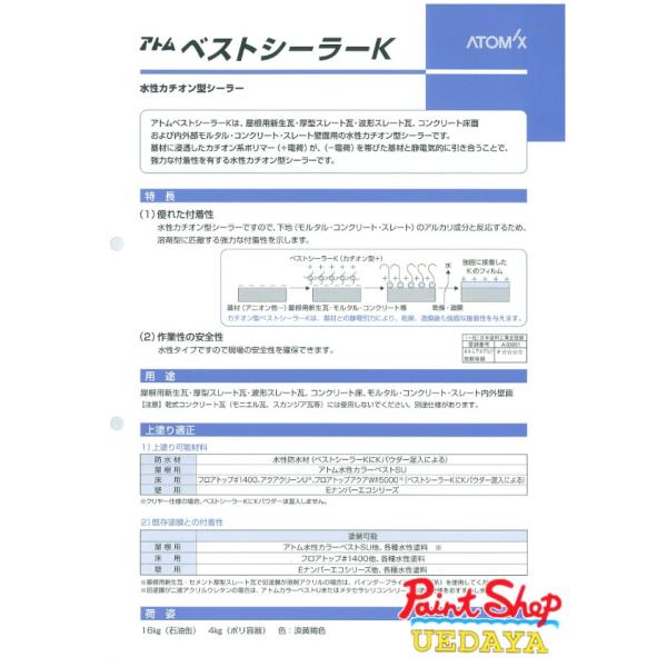 アトムフロアトップ♯1400　使用時のシーラー(1)水性塗料なので溶剤臭がありません。(2)火気の心配がありません。(3)手軽に塗れ、経済的です。(4)溶剤型アクリル樹脂塗料と同等の性能を持ちます。