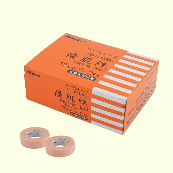 商品名：サージカルテープ　優肌絆サイズ：12mm×7ｍ　入り数：24巻/箱製造元：日東メディカル株式会社テープ材質：不織布（肌色）