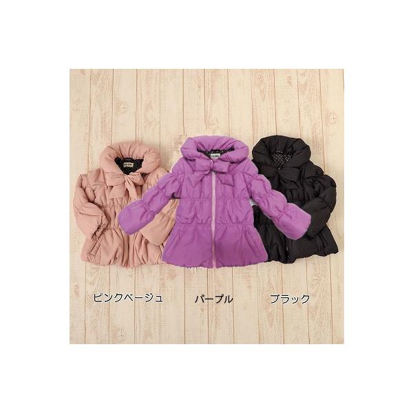 ポイントは衿のリボンと水玉の裏地です。キュートなピンクと上品なパープル・シックなブラックの3色です。ファスナーカバー付で安全！お嬢様っぽくキメてお出かけしましょう。発表会やディナーのアウターなんかにピッタリです。ポケット付です。中綿入りで暖...