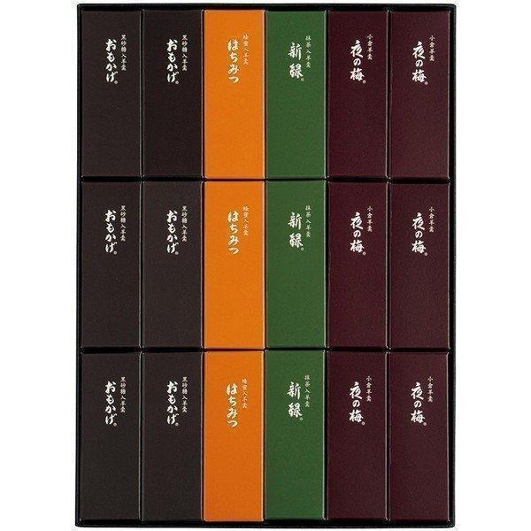残り在庫数(本日0:00時点)：99918本入18本入召しあがりやすい、食べ切りサイズの羊羹。小形羊羹「夜の梅」「おもかげ」各6点、「新緑」「はちみつ」各3点を詰め合わせました。ご家庭でのお茶の時間、ギフトなどに。消費または賞味期限は、製造...