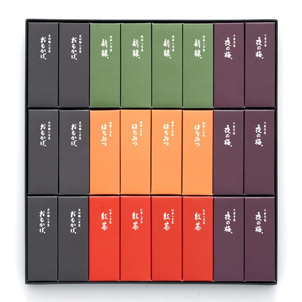 残り在庫数(本日0:00時点)：99924本入24本入召しあがりやすい、食べ切りサイズの羊羹。小形羊羹「新緑」「はちみつ」「紅茶」各4点、「夜の梅」「おもかげ」各6点を詰め合わせました。ご家庭でのお茶の時間、ギフトなどに。消費または賞味期限...