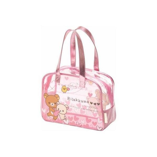 着替えもペットボトルもしっかり入る、実用的サイズのプールバッグ。ミニポーチ付♪素材：軟質塩ビ＋エナメル風塩ビ製、ボールチェーン付ミニポーチサイズ：約240×320×130mm