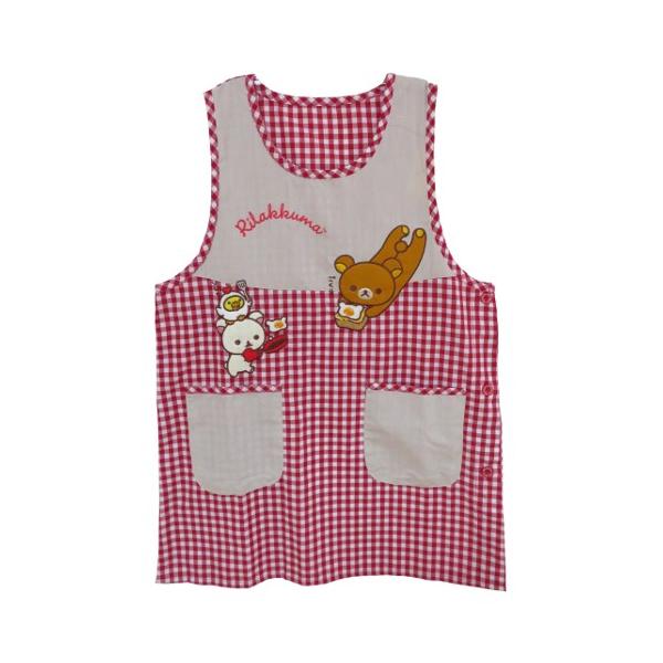 リラックマのエプロン。サイドボタン式。素材：(格子部分)ポリエステル80％、綿20％、(無地部分)ポリエステル65％、綿35％サイズ：Ｍ〜Ｌ（バスト79-94、身長154-162）中国製