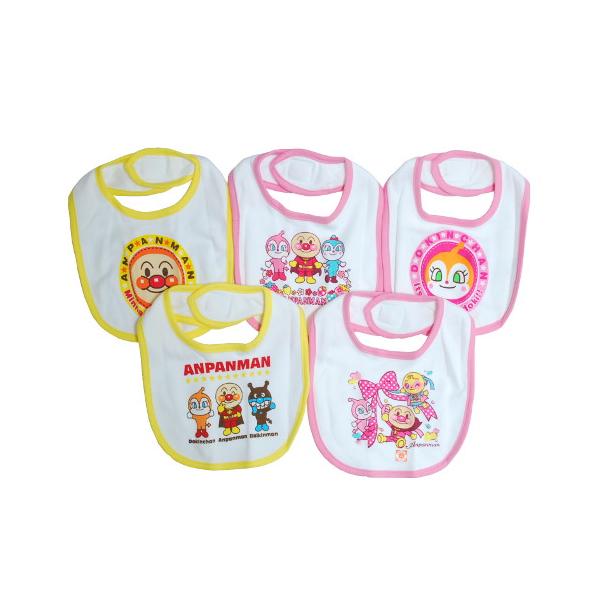 アンパンマンのスタイ５枚組(首元から)縦約13.5cm×横18cm、首まわりサイズ約28cm表：綿100％裏：ポリエステル100％(撥水タイプ)バインダー：綿100％中国製発売元：株式会社バンダイ