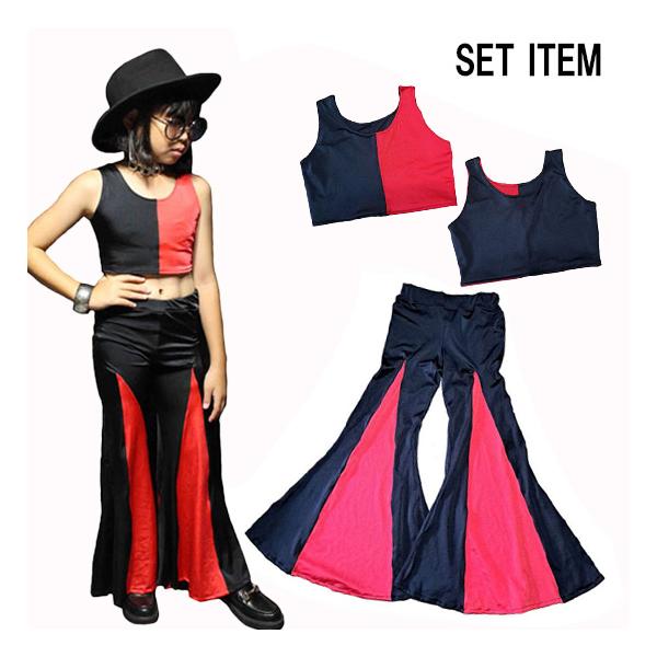 リバーシブルショートタンクとカラーフレアパンツSETUPです。カラフルでおしゃれなリバーシブルのトップスが登場しました！ハーフカラーの片面と、シンプルな1色の片面で、お好きなスタイルを楽しめます。しかも、ストレッチ生地を使用しているので、ダ...