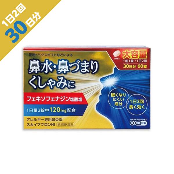 花粉症に スカイブブロンHI 60錠 ≪大容量≫【第2類医薬品】【セルフメディケーション税制対象商品】配送方法：郵便（封筒での発送、ポストへの投函）【眠くなりにくい】「スカイブブロンHI 60錠」は、1回1錠、1日2回の服用で鼻のアレルギー...