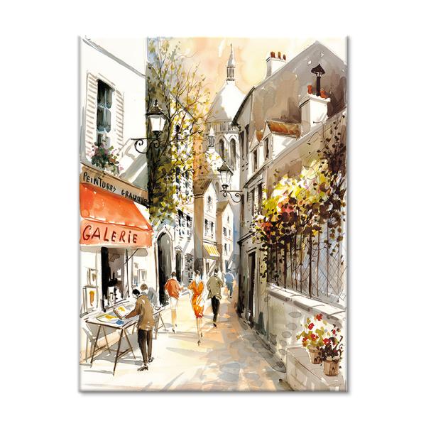 【商品説明】季節の変わり目のパリの街角を思わせる情景を描いたアート作品です。石畳の小道に並ぶ建物や街灯、そしてギャラリーの赤いテントがどこか懐かしく温かな雰囲気を醸し出しています。軽やかなタッチと水彩画風のにじみが織りなす表現は風や光の移ろ...