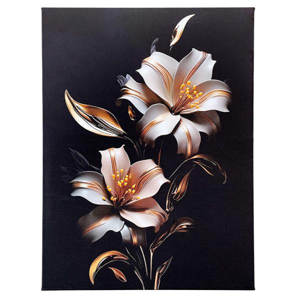 【商品説明】上品な雰囲気が魅力のアート作品です。艶やかなホワイトの花びらに、繊細なゴールドのアクセントが施され、まるで光をまとったような優雅さを演出します。深みのあるダークな背景とのコントラストが非常に美しく、空間に高級感と静かな華やぎを添...