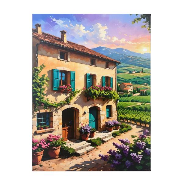 【商品説明】のどかな南フランスの田園風景を描いたアート作品です。温かみのある土壁の家と鮮やかなブルーの窓枠が印象的で、遠くには緩やかな丘陵と山並みが広がり、穏やかな時間が流れる田舎町を思わせる情景です。お部屋に飾るだけで心をほっと和ませるよ...