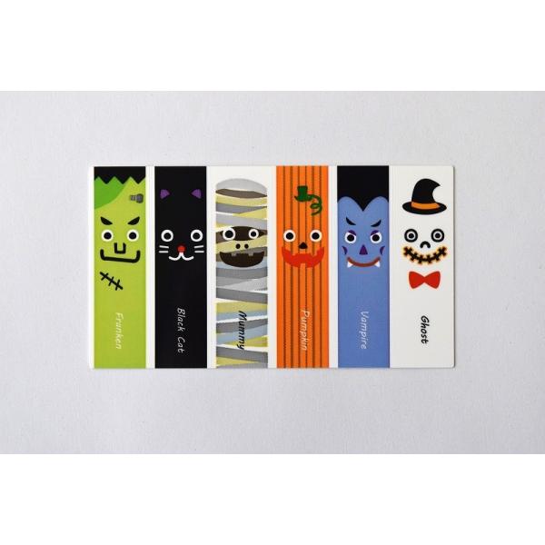 １セット入り数：100シート　　サイズ　　：90×50mm（切り離し後15×50）　　材　質　　：OPP/ユポ（耐油耐水）　　特　長　　：ハロウィンキャラクターが勢揃いのケーキピックです。　　　　　　　　こちらは6種が繋がっており、ミシン目...