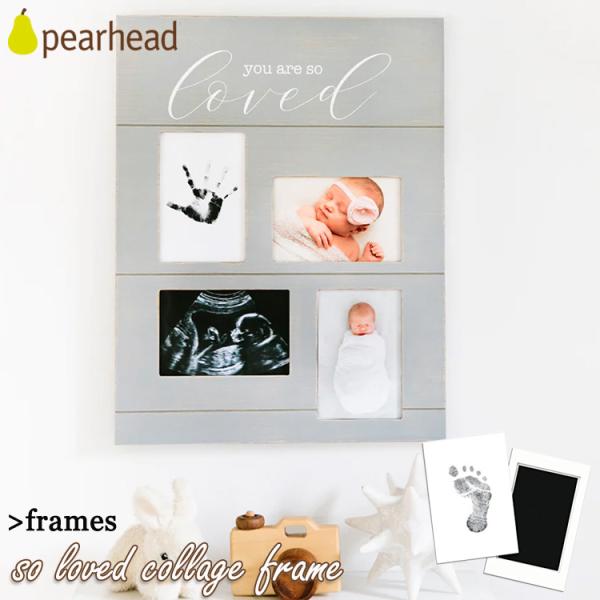 メーカー：pearheadサイズ：フレーム W38×H49×D1.5 cm / 写真サイズ W10×H15 cmセット内容：フレーム、インクパッド(黒)、台紙　赤ちゃんの手や足を汚さずにプリントできます方法：・インク面を下にし、白いカードの...