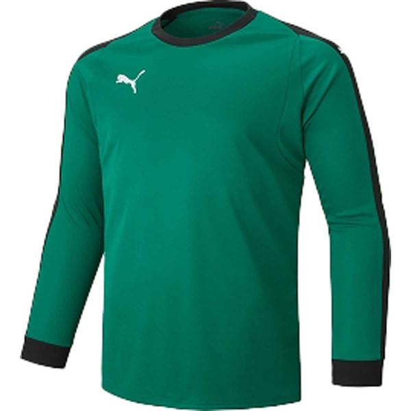Team LIGAコレクションのGKシャツ。吸水速乾のドライニット素材を使用し、スリーブにフォームストライプ デザインを採用。肘部分にはパッドが付属。ペッパー グリーン×プーマ ホワイトS、M、L、XL、XXL、3XL