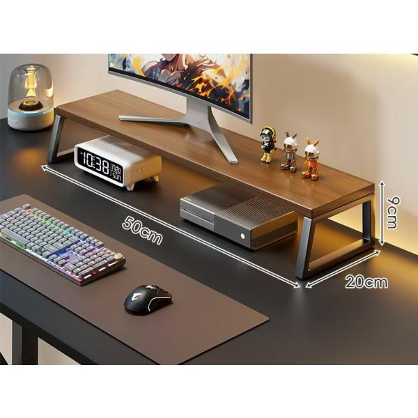 商品紹介サイズ・50×20×9カラー：ウォールナット木構造：収納ラック素材：木製天板＋金属フレーム対応モニター：湾曲/平面ディスプレイ両方OK
