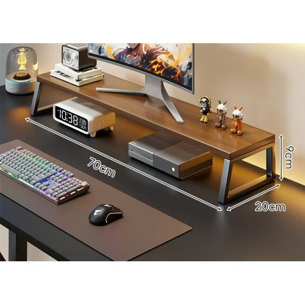 商品紹介サイズ・70×20×9カラー：ブラック構造：収納ラック素材：木製天板＋金属フレーム対応モニター：湾曲/平面ディスプレイ両方OK