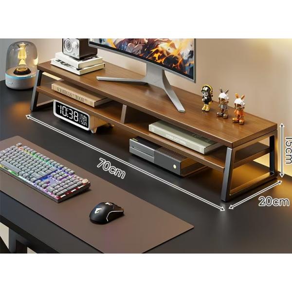 商品紹介サイズ・70×20×15カラー：ウォールナット木構造：収納ラック 二段式収納ラック素材：木製天板＋金属フレーム対応モニター：湾曲/平面ディスプレイ両方OK