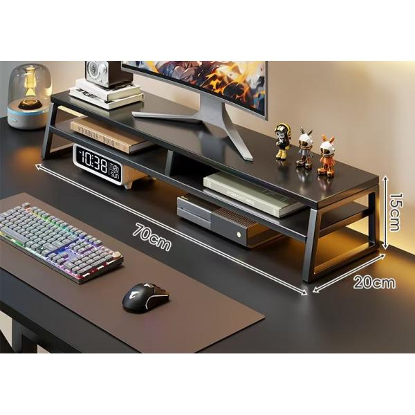 商品紹介サイズ・70×20×15カラー：ブラック構造：収納ラック 二段式収納ラック素材：木製天板＋金属フレーム対応モニター：湾曲/平面ディスプレイ両方OK