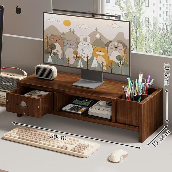 商品紹介サイズ・50×19.5×13.5カラー：ウォールナット木（第一枚画像通り）構造：収納ラック 二段式収納ラック素材：木製天板対応モニター：湾曲/平面ディスプレイ両方OK