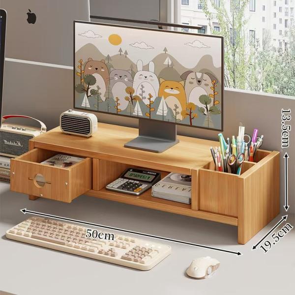 商品紹介サイズ・50×19.5×13.5カラー：ウォールナット木（第一枚画像通り）構造：収納ラック 二段式収納ラック素材：木製天板対応モニター：湾曲/平面ディスプレイ両方OK
