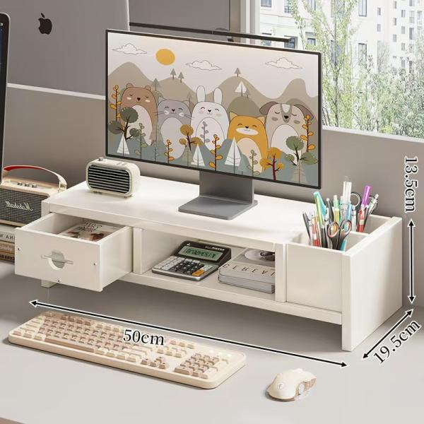 商品紹介サイズ・50×19.5×13.5カラー：ホワイト （第一枚画像通り）構造：収納ラック 二段式収納ラック素材：木製天板対応モニター：湾曲/平面ディスプレイ両方OK