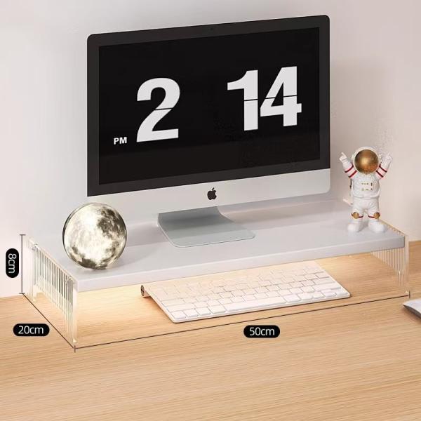 商品紹介サイズ・50×20×8カラー：ホワイト構造：収納ラック 素材：木製天板+アクリル対応モニター：湾曲/平面ディスプレイ両方OK