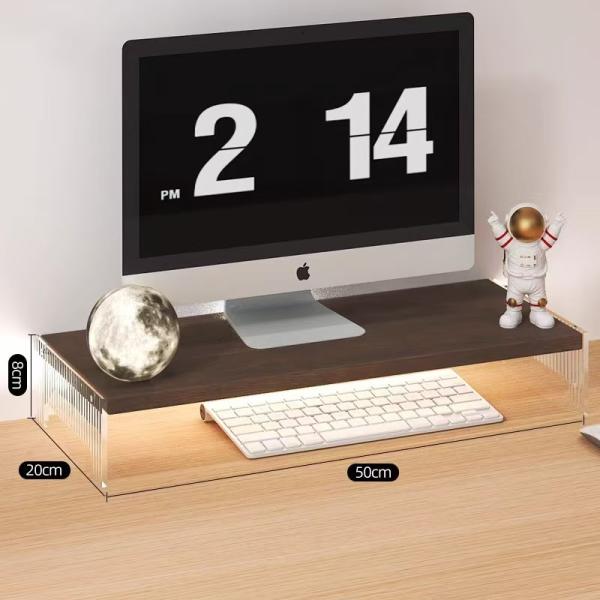 商品紹介サイズ・50×20×8カラー：ブラウン構造：収納ラック 素材：木製天板+アクリル対応モニター：湾曲/平面ディスプレイ両方OK