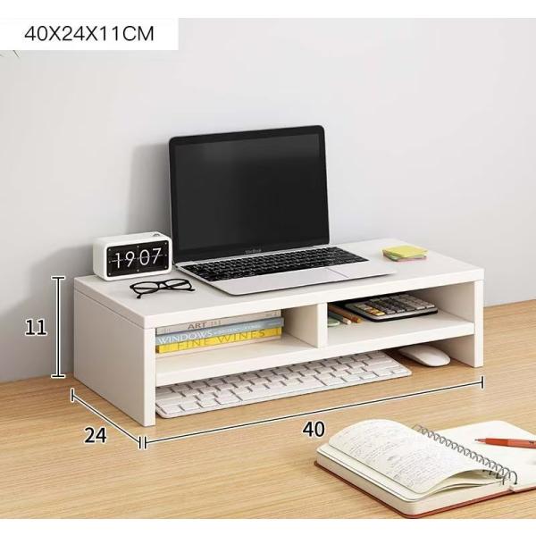 商品紹介サイズ・40×24×11カラー：ホワイト構造：二段式収納ラック素材：木製天板対応モニター：湾曲/平面ディスプレイ両方OK