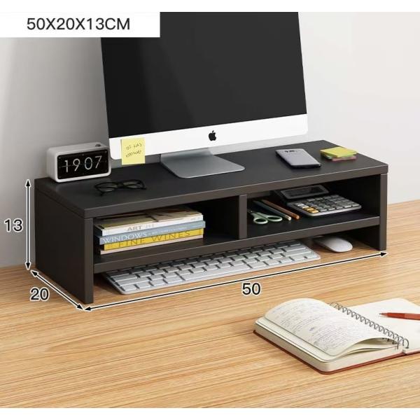 商品紹介サイズ・50×20×13カラー：ブラック構造：二段式収納ラック素材：木製天板対応モニター：湾曲/平面ディスプレイ両方OK