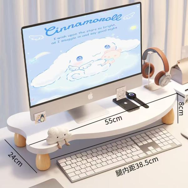 商品紹介サイズ・55×24×8カラー：ホワイト構造：収納ラック素材：木製天板対応モニター：湾曲/平面ディスプレイ両方OK