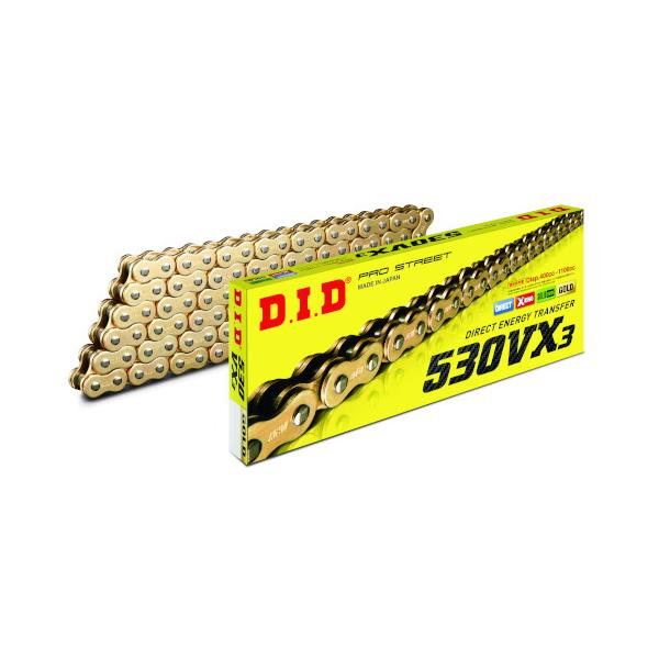 メーカー品番：DID530VX3-120ZJ G&amp;Gカラー：ゴールドタイプ：シールチェーン(Xリング)単位：1本セット内容/付属品：付属ジョイント：カシメジョイント(ZJ)
