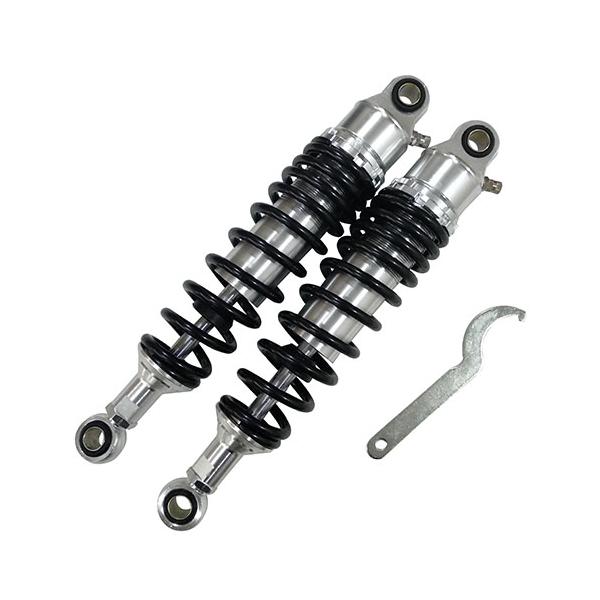 適合車種：SR400｜SR500カラー：シルバー/ブラック商品サイズ：上下アダプタ径：上14mm、下14mm単位：1セットセット内容/付属品：リアショック本体×2、スプリング調整用レンチ×1