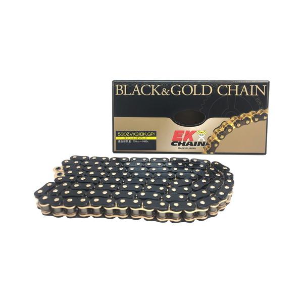 メーカー品番：530ZVX3(BK/GP)-120L-MLJカラー：ブラック/ゴールドタイプ：シールチェーン(NXリング)単位：1本セット内容/付属品：付属ジョイント：MLJ(カシメジョイント)