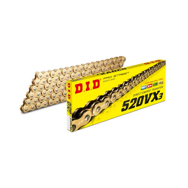 メーカー品番：DID520VX3-104FJ G&amp;Gカラー：ゴールドタイプ：シールチェーン(Xリング)単位：1本セット内容/付属品：付属ジョイント：軽圧入クリップジョイント(FJ)
