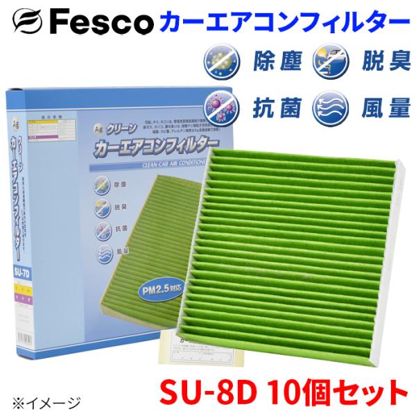 フェスコ製 エアコンフィルター SU-8D 10個セットPM2.5、ホコリ、塵芥、花粉、排ガス粒子、アレルゲン物質、雑菌、ウィルス菌の抑制、ペット臭、不快臭除去等に。安定風量性能でエアコン効率もアップ！●適合車種スズキ ソリオ型式：MA15...