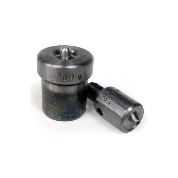 5mm径の両面ハトメ「両面ハトメ300」のための工具。ハンドプレス機に取付けて、ハトメ打機にするための治具パーツです。日本の工場で製造しています。