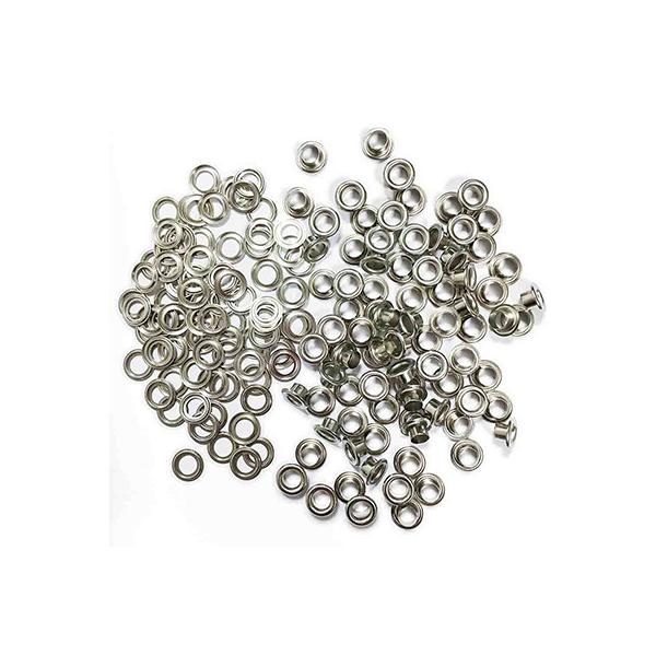 座金付きの6mm径「ハトメ18」丸潰しタイプです。専用の工具で取り付けることで裏面を丸く仕上げることができます。(ハトメリングをつくります)。サイズ6mmの穴を補強するための金具ですので、取付後には穴の周囲に約2.5mmの均一な金属縁ができ...