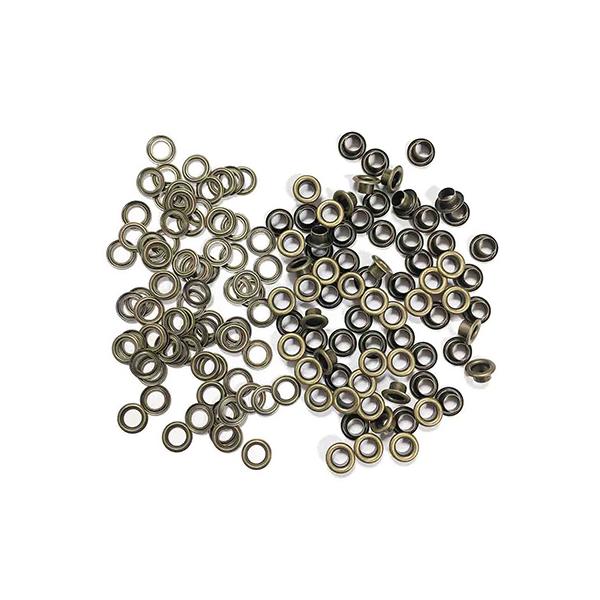座金付きの6mm径「ハトメ18」丸潰しタイプです。専用の工具で取り付けることで裏面を丸く仕上げることができます。(ハトメリングをつくります)。サイズ6mmの穴を補強するための金具ですので、取付後には穴の周囲に約2.5mmの均一な金属縁ができ...