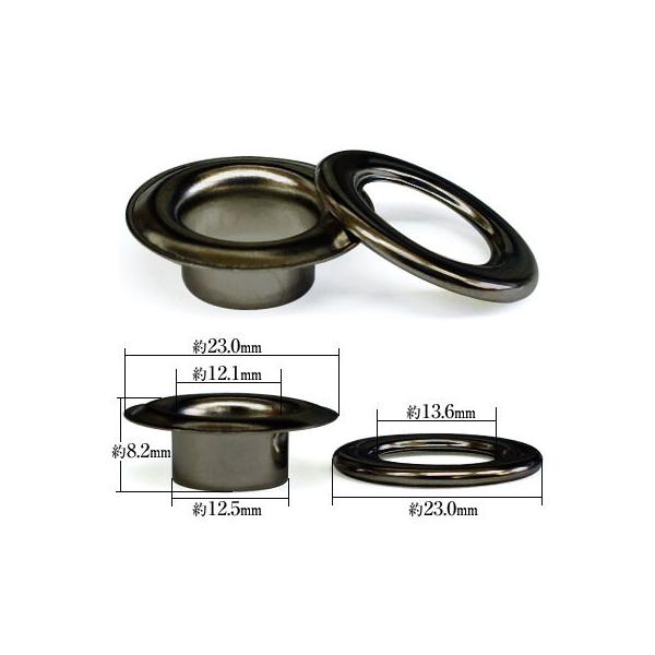 12mm径のハトメ「アイレット28」座金付きタイプです。専用の工具でとりつけることで裏面が丸く、リング状にして留めて仕上げることができますので、アイレットリングとも呼ばれます。高さ8mmですので、合計厚み5mmまでのものを目安にお取付けくだ...