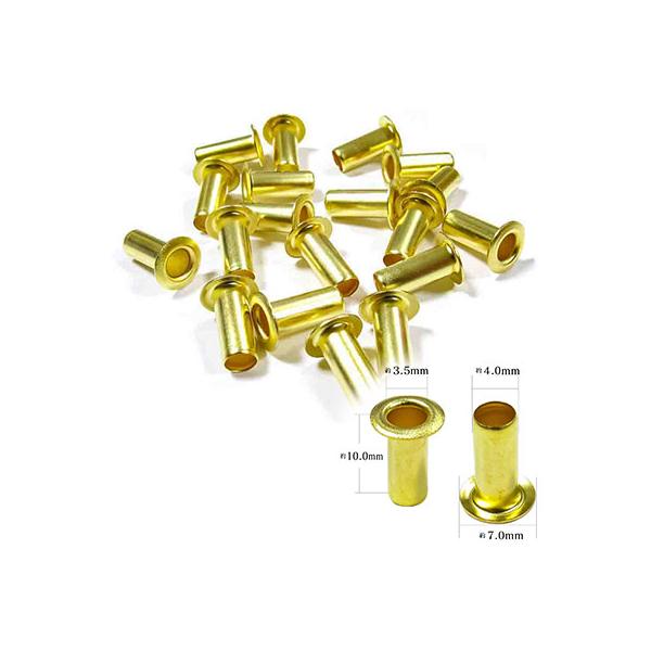 ハトメの筒の部分が直径4mmハトメ。金属の厚みがありますので、取付けた後の穴の内径は約3.6mmとなります。高さが10mm。真鍮製で座金は付属されません。よく「4mmのハトメ」ということで、CROWN製・またコクヨの割れハトメと混同される方...