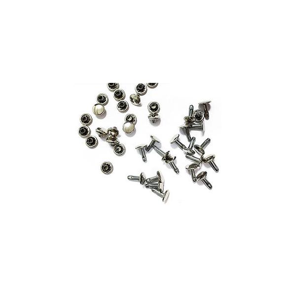 頭(メス)の直径9mm、足(オス)12.5mmの真鍮製の大カシメの足長の中タイプです。鉄製。両面タイプ。足軸径3mm。革や布の厚みが厚み9.5mm以下のものにお使いいただける特殊なカシメになります。