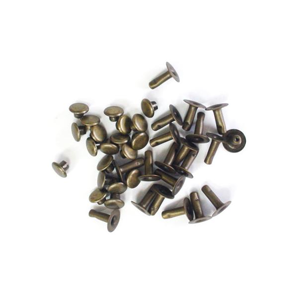 頭(メス)の直径6mm、足(オス)8.5mmの真鍮製の小カシメの足長です。真鍮製。片面タイプ。足軸径2.5mm。革や布の厚みが厚み6.5mmまでのものにお使いください。5mm以下の場合は足長タイプをご検討ください。