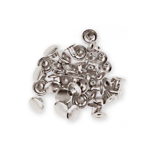 頭(メス)の直径9mm、足(オス)6mmの真鍮製の大カシメの足短です。真鍮製。片面タイプ。足軸径3mm。革や布の厚みが厚み4mm程度のものにお使いください。5mm以上の場合は足並タイプをご検討ください。