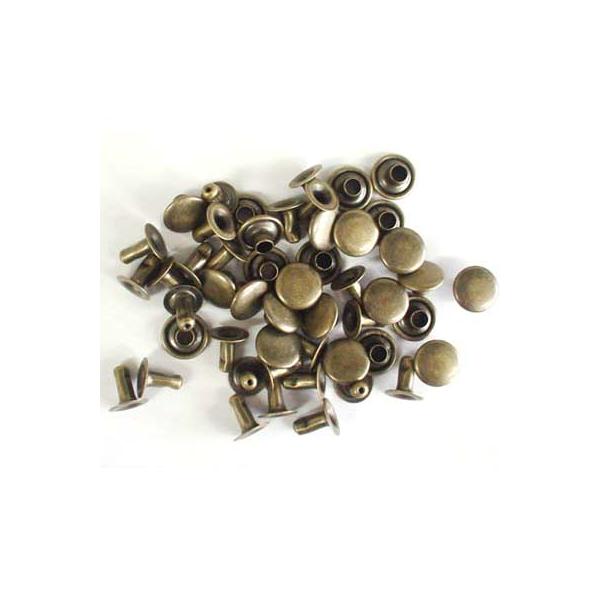 頭(メス)の直径9mm、足(オス)8mmの真鍮製の大カシメの足並です。真鍮製。片面タイプ。足軸径3mm。革や布の厚みが厚み6mm程度のものにお使いください。4mm以下の場合は足短タイプをご検討ください。