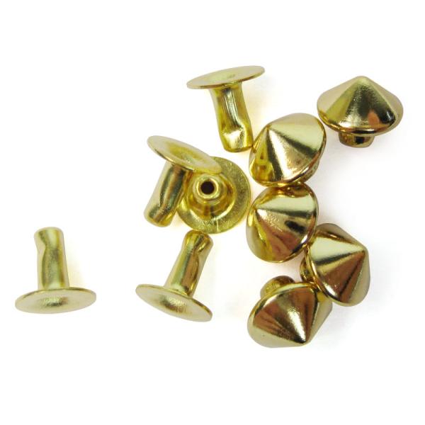 三角コーンの形をした円錐型の飾りカシメ丸ピラミッドのうち、直経5.5mmの最小サイズの製品がこの「特々小丸ピラミッド」です。 金属製の飾りはスタッズとも呼ばれていますが、安価なツメを折る方式の製品とは異なり、本製品はカシメ方式で、頭と足の2...