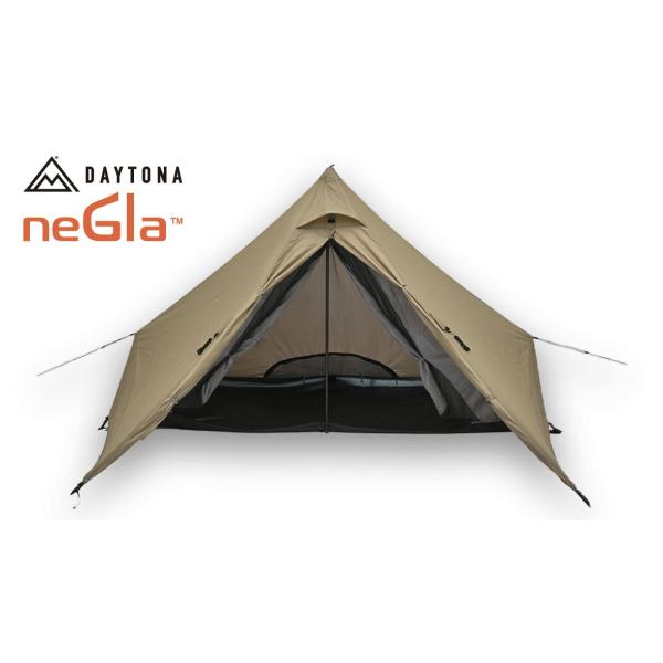 空間を有効活用できるワンポールテント四隅をペグダウンし、ポールを立てるだけで形が完成。あとは各部のペグを打ちこみ、張り綱を引くだけで設営完了。撤収も簡単です。ワンポールテントのデメリットである、フライシートの端が傾斜しているためせまくなりが...