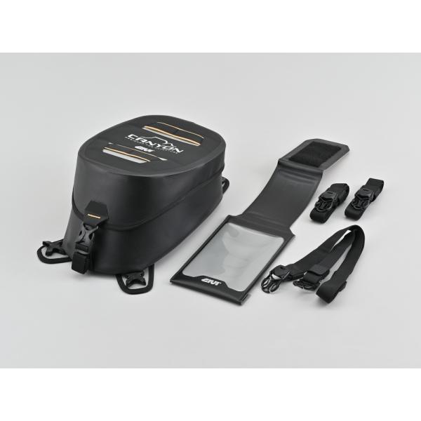 小物を入れるのに最適な10Lの防水タンクバッグ。取り付けは汎用性の高いベルト固定。