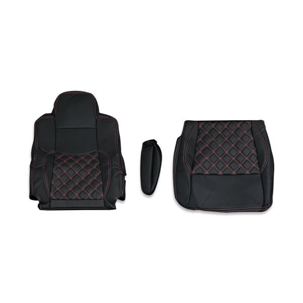 いすゞ ファイブスター ギガ 用 新型 シートカバー 運転席用 グランドダイヤ レッドキルトです。適合車種：平成27年11月以降のいすゞ 　ファイブスターギガ本体素材：ブラックPVCレザー×レッドキルト　低反発スポンジを採用しております。背...