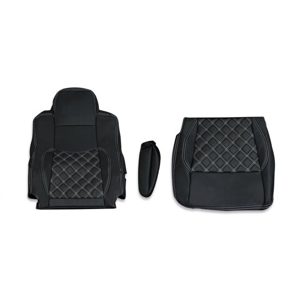 いすゞ ファイブスター ギガ 用 シートカバー 運転席用 グランドダイヤ ホワイトキルトです。適合車種：平成27年11月以降のいすゞ 　ファイブスターギガ本体素材：ブラックPVCレザー×ホワイトキルト　低反発スポンジを採用しております。背面...